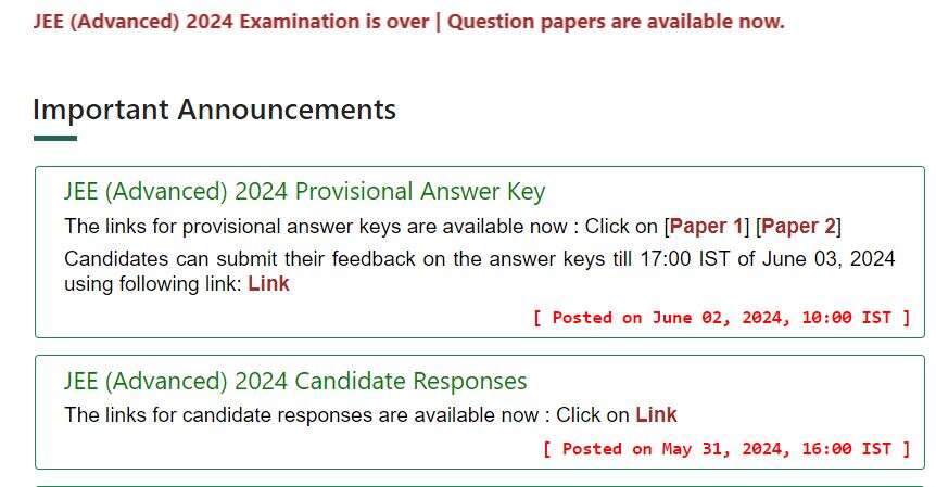 JEE Advanced 2024 Answer Key Released